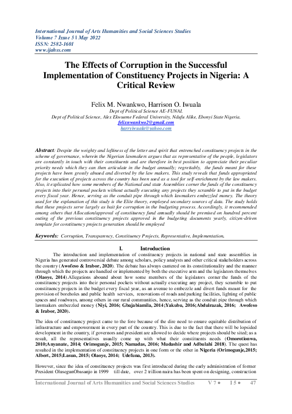 (PDF) The Effects of Corruption in the Successful Implementation of Constituency Projects in ...
