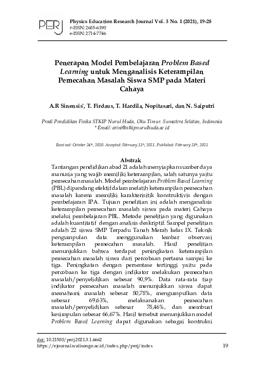 (PDF) Penerapan Model Pembelajaran Problem Based Learning untuk Menganalisis Keterampilan ...