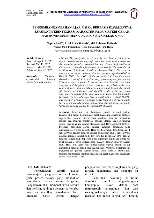 (PDF) Pengembangan Bahan Ajar Fisika Berbasis Experiential Learningi terintegrasi Karakter Pada ...