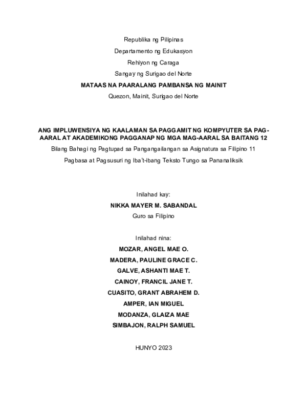 (DOC) PERSEPSYON NG MGA MAG AARAL NG MAINIT NATIONAL HIGH SCHOOL SA PAGGAMIT NG WIKANG FILIPINO ...
