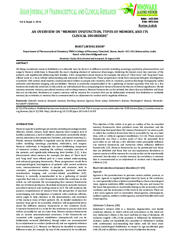 (PDF) An Overview on “Memory Dysfunction, Types of Memory, and Its ...