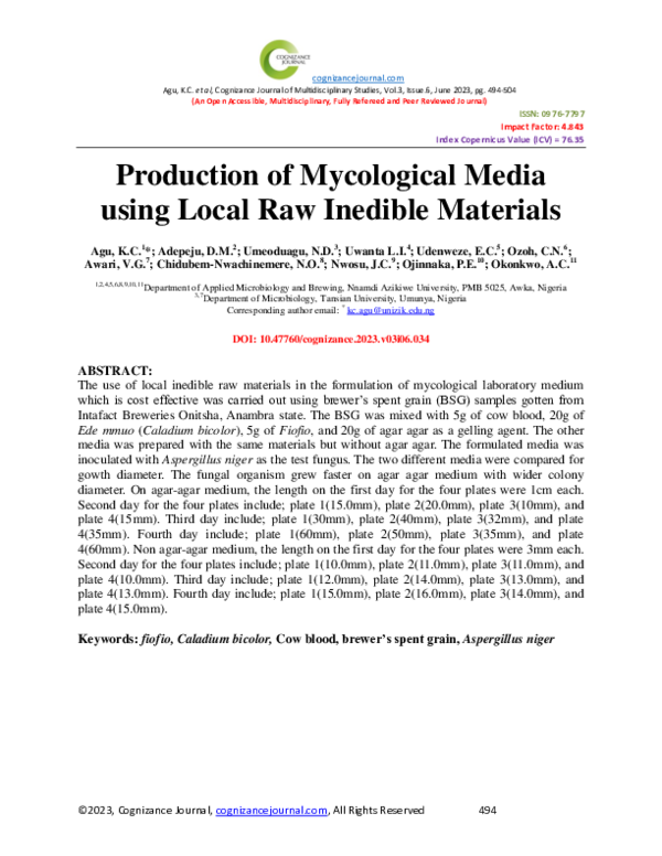 (PDF) Production of Mycological Media using Local Raw Inedible Materials