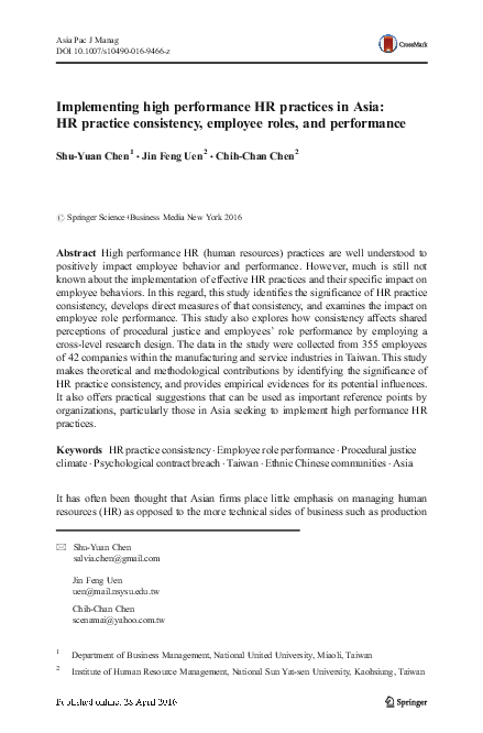 (PDF) Implementing high performance HR practices in Asia: HR practice consistency, employee ...