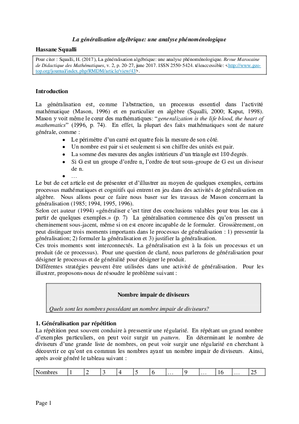 (PDF) Squalli, La généralisation algébrique: une analyse phénoménologique