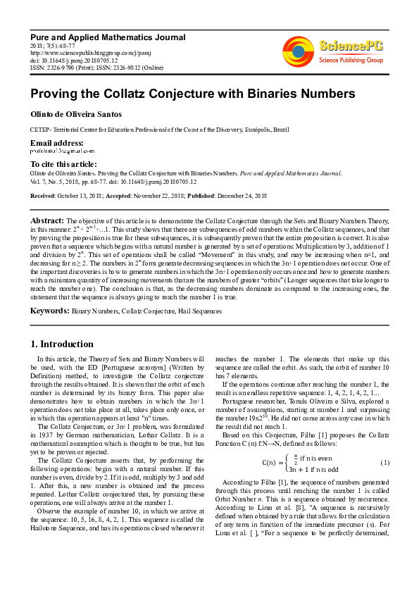 (PDF) Proving the Collatz Conjecture with Binaries Numbers