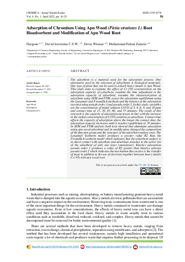 (PDF) Adsorption of Chromium Using Apu Wood (Pistia stratiotes L) Root ...