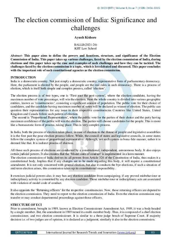 (PDF) The election commission of India: Significance and challenges