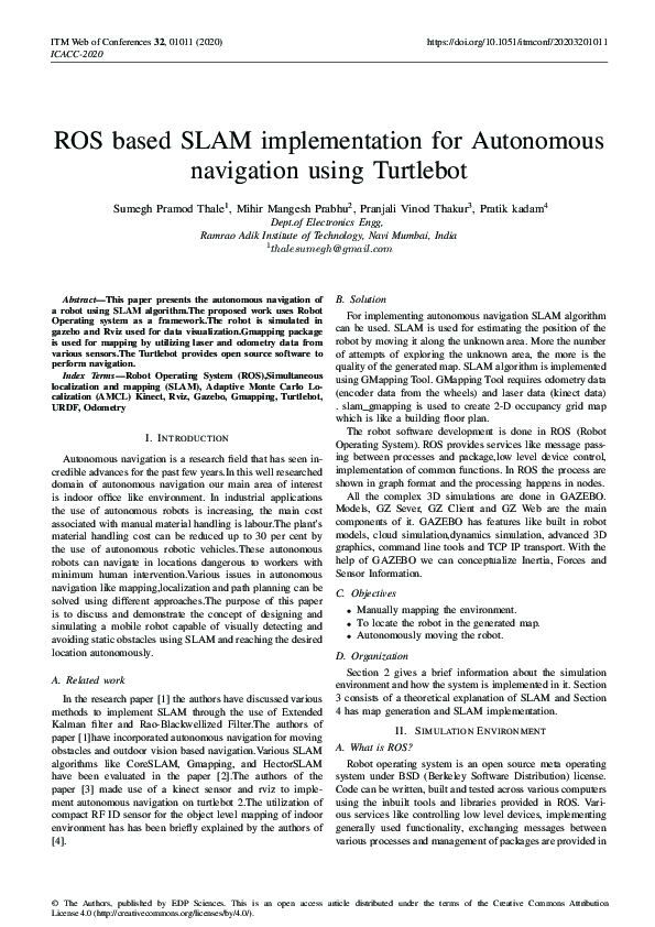 (PDF) ROS based SLAM implementation for Autonomous navigation using Turtlebot