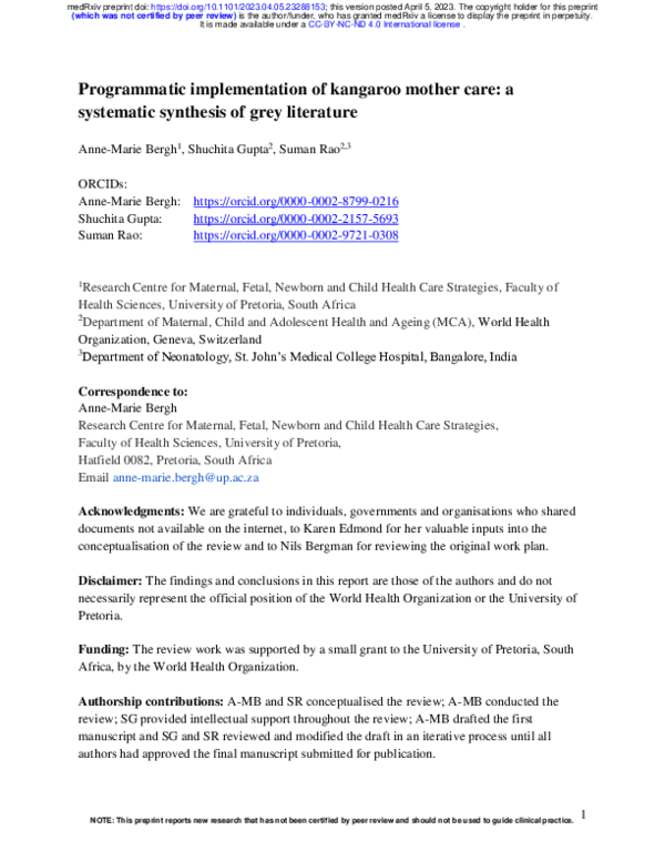 (PDF) Programmatic implementation of kangaroo mother care: a systematic ...