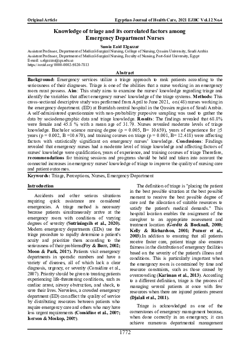 (PDF) Knowledge of triage and its correlated factors among Emergency ...
