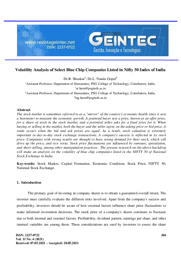 (PDF) Volatility Analysis of Select Blue Chip Companies Listed in Nifty 50 Index of India