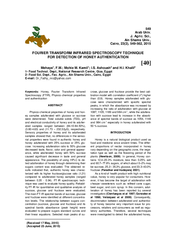 Pdf Fourier Transform Infrared Spectroscopy Technique For Detection Of Honey Authentication