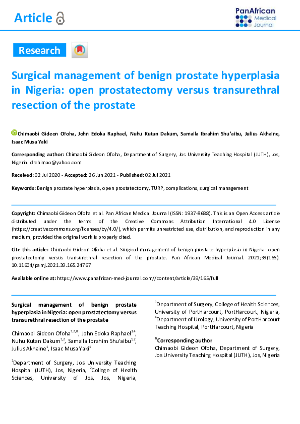 (PDF) Surgical management of benign prostate hyperplasia in Nigeria ...