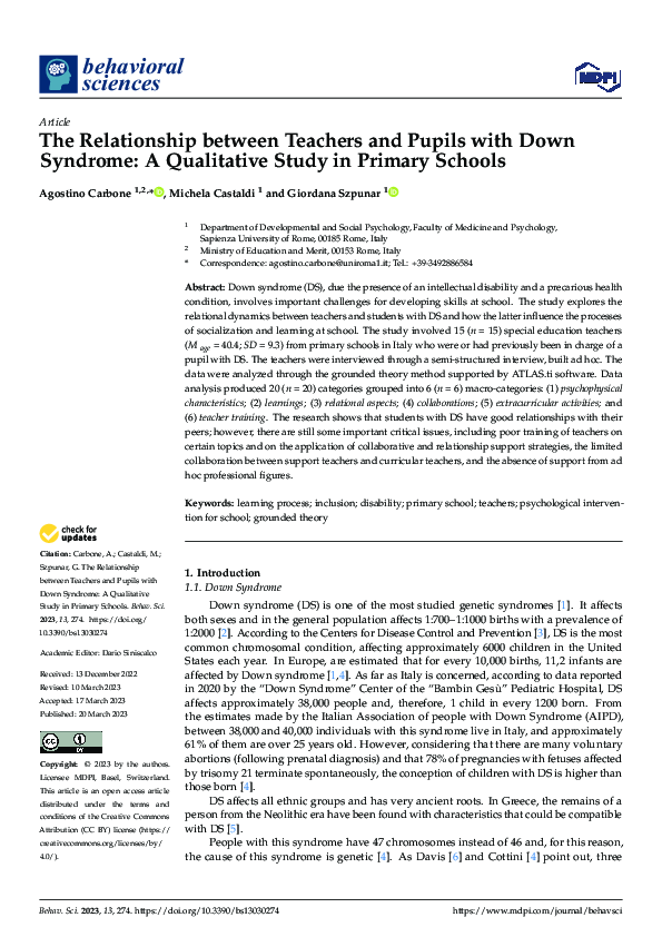 (PDF) The Relationship between Teachers and Pupils with Down Syndrome ... (PDF) The Relationship between Teachers and Pupils with Down Syndrome ...