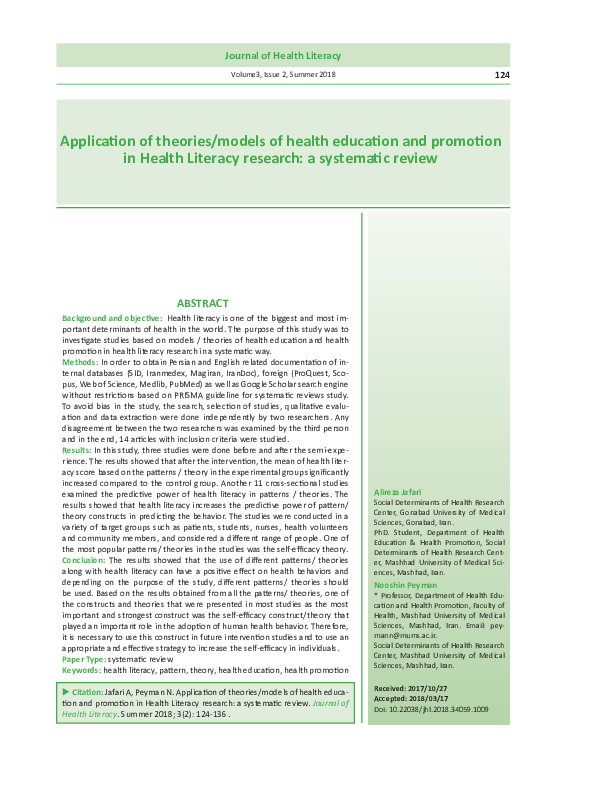 (PDF) Application of theories/models of health education and promotion ...