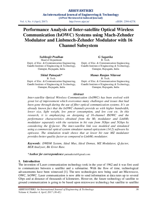 (PDF) Performance Analysis of Intersatellite Optical Wireless Communication (Isowc) Systems ...