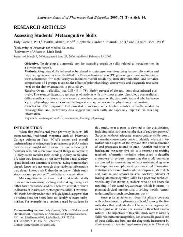 (PDF) Assessing students' Metacognitive Skills
