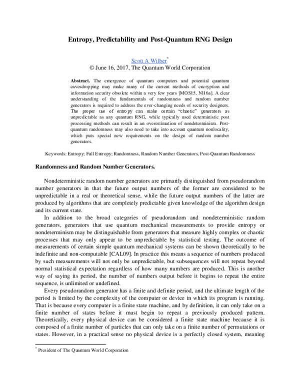 (PDF) Entropy, Predictability and Post-Quantum RNG Design
