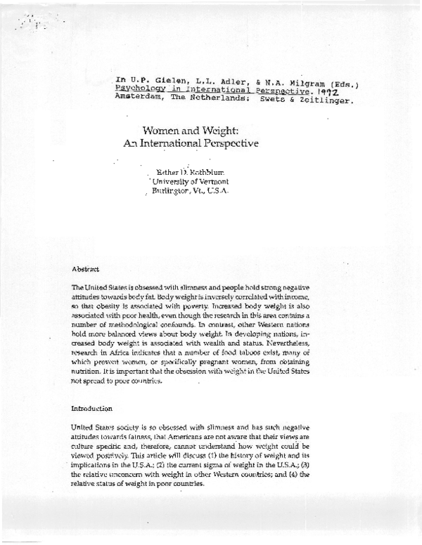 (PDF) Women and Weight An International Perspective
