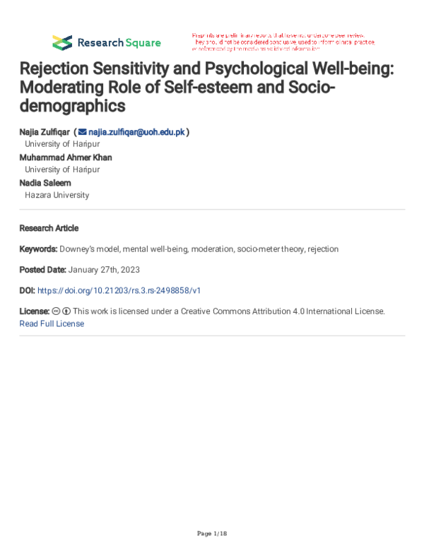 (PDF) Rejection Sensitivity and Psychological Well-being: Moderating Role of Self-esteem and ...