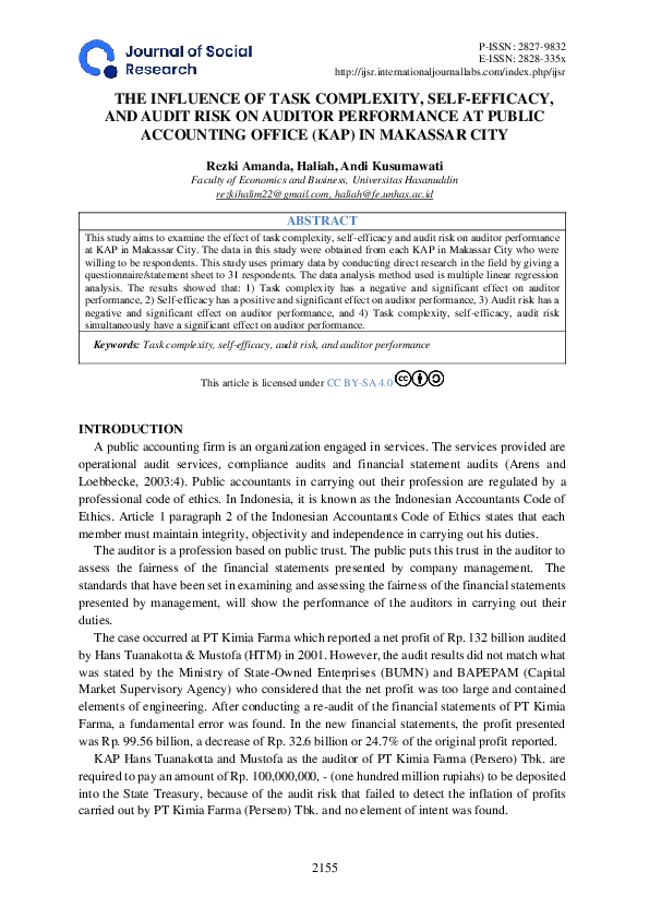 (PDF) The Influence of Task Complexity, Self-Efficacy, and Audit Risk on Auditor Performance at ...