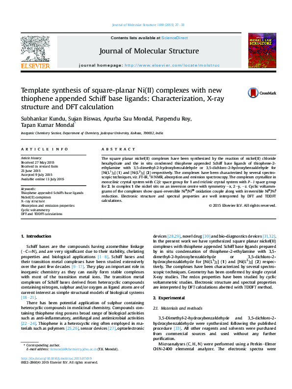 (PDF) Template synthesis of square-planar Ni(II) complexes with new thiophene appended Schiff ...