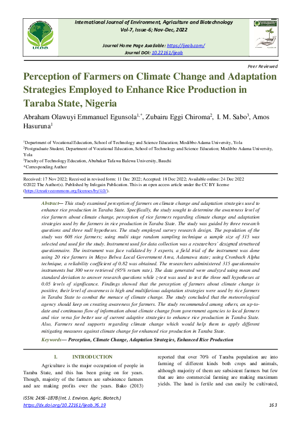 (PDF) Perception of Farmers on Climate Change and Adaptation Strategies Employed to Enhance Rice ...