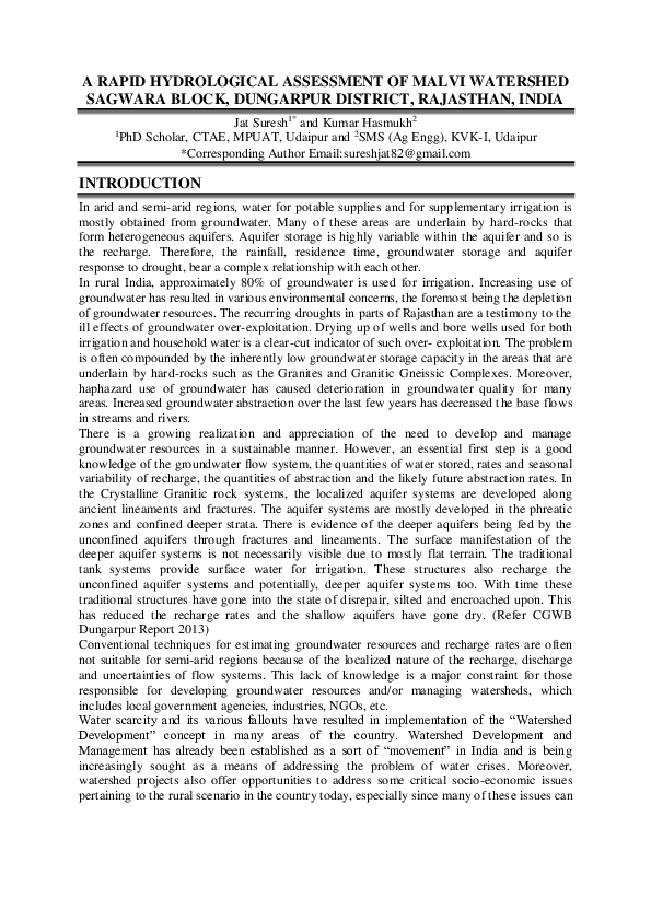 (PDF) A RAPID HYDROLOGICAL ASSESSMENT OF MALVI WATERSHED SAGWARA BLOCK ...