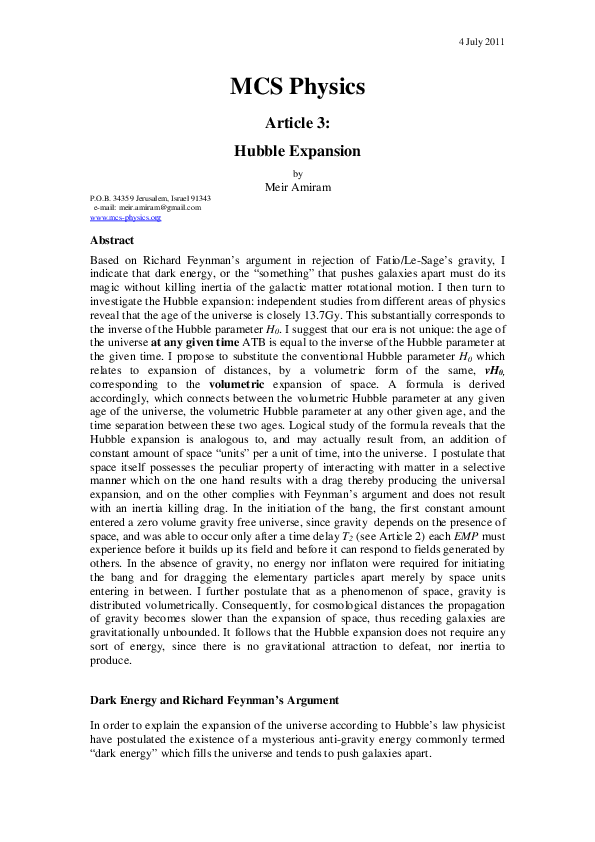(PDF) MCS Physics Article 3: Hubble Expansion | Meir Amiram - Academia.edu