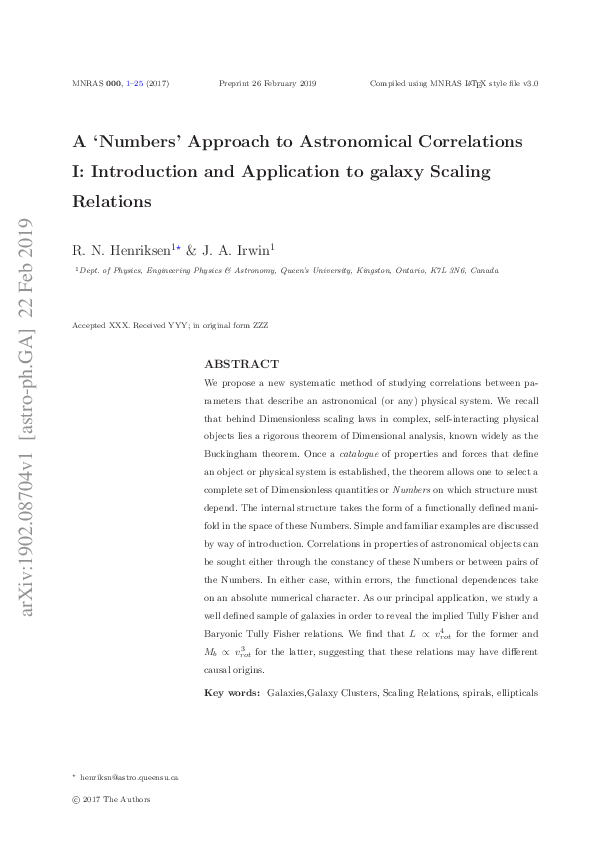 Pdf A `numbers Approach To Astronomical Correlations I Introduction And Application To