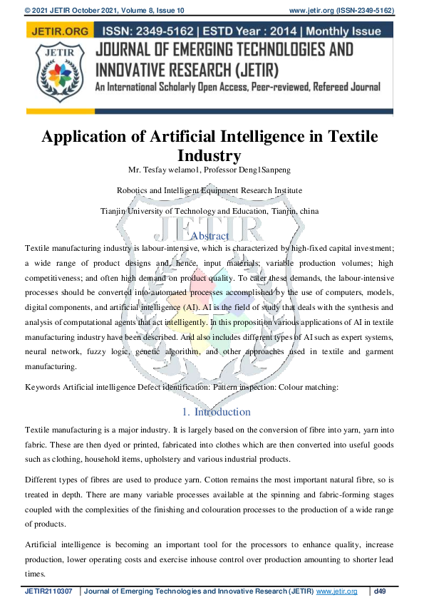 (PDF) Application of Artificial Intelligence in Textile Industry