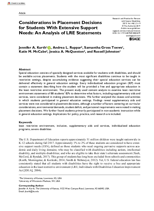 (PDF) Considerations in Placement Decisions for Students With Extensive ...