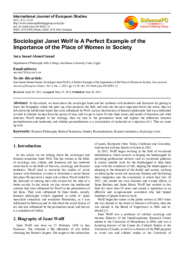 (PDF) Sociologist Janet Wolf is A Perfect Example of the Importance of ...