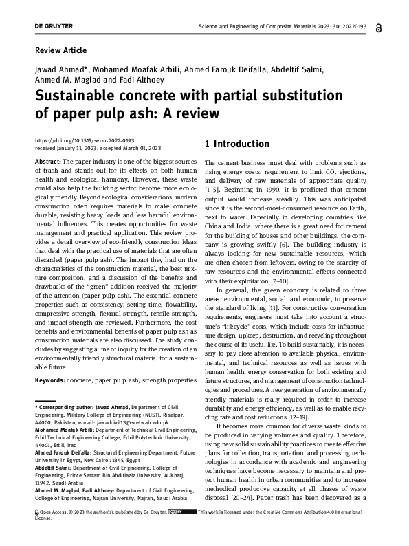 (PDF) Sustainable concrete with partial substitution of paper pulp ash ...