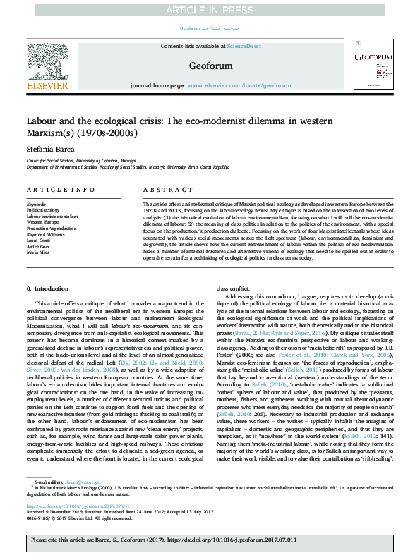 (PDF) Labour and the ecological crisis: The eco-modernist dilemma in ...