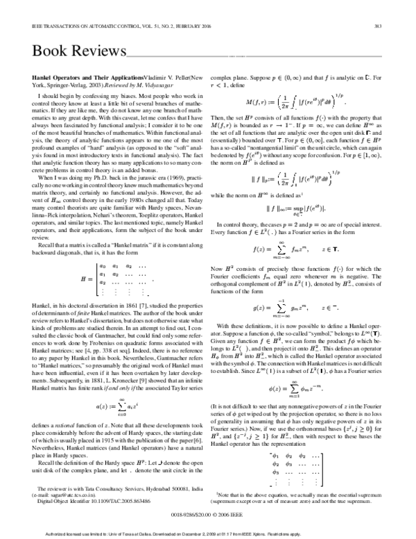 (PDF) Hankel Operators and Their Applications