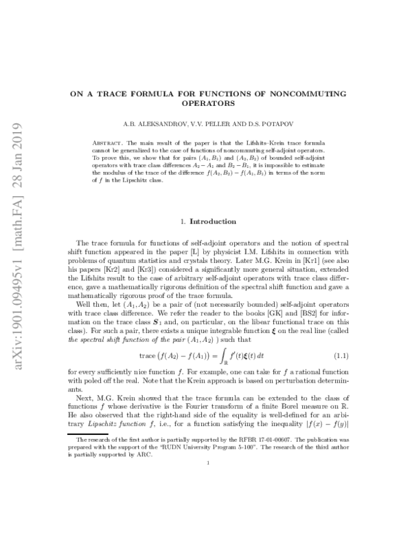 (PDF) On a Trace Formula for Functions of Noncommuting Operators