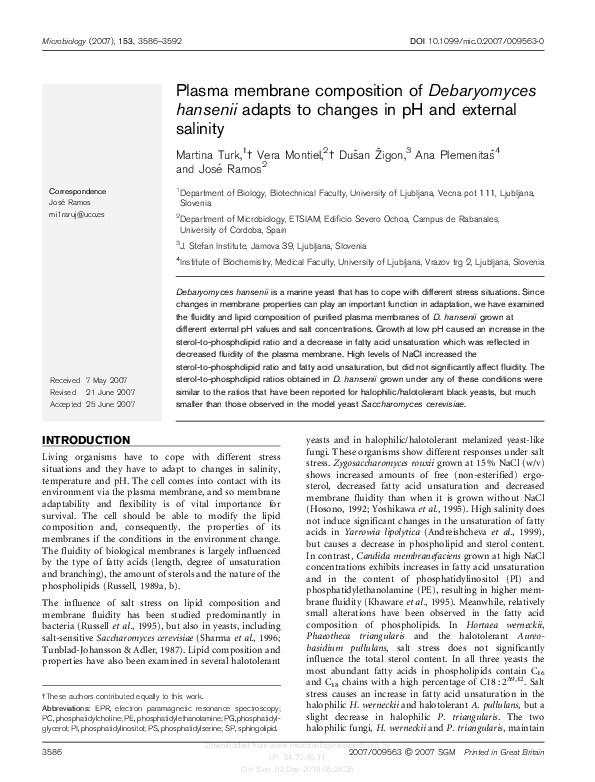 (PDF) Plasma membrane composition of Debaryomyces hansenii adapts to ...
