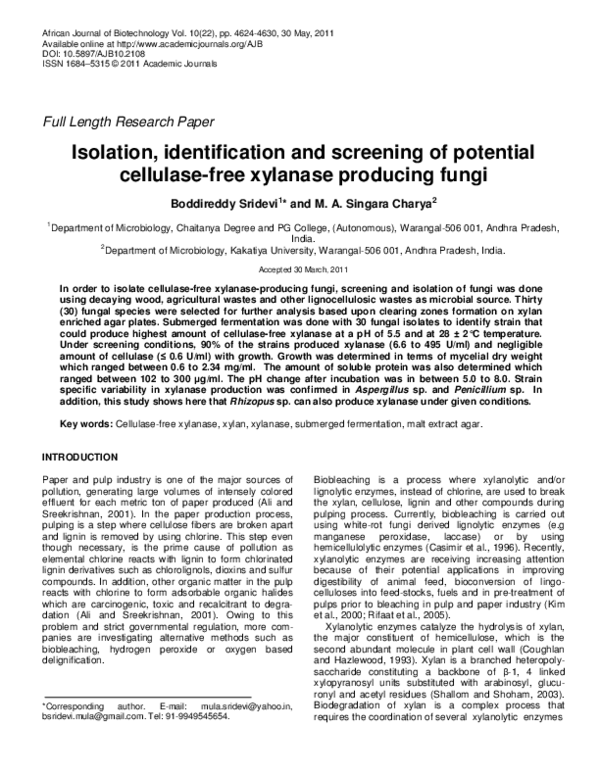 (PDF) Isolation, identification and screening of potential cellulase-free xylanase producing ...