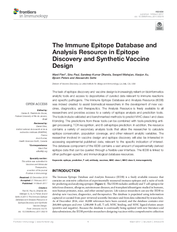 (PDF) The Immune Epitope Database and Analysis Resource: From Vision to ...