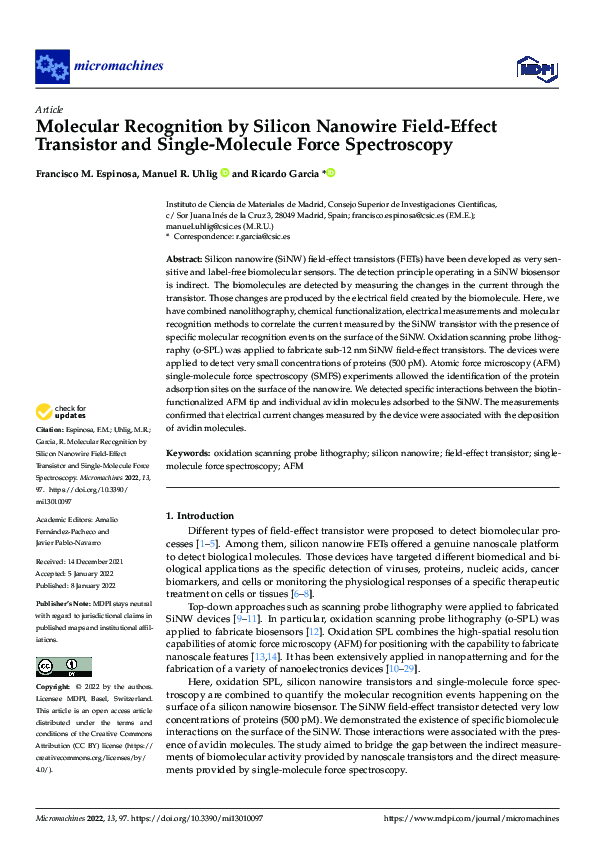(PDF) Molecular Recognition by Silicon Nanowire Field-Effect Transistor and Single-Molecule ...