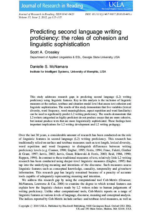 (PDF) Predicting second language writing proficiency: the roles of cohesion and linguistic ...