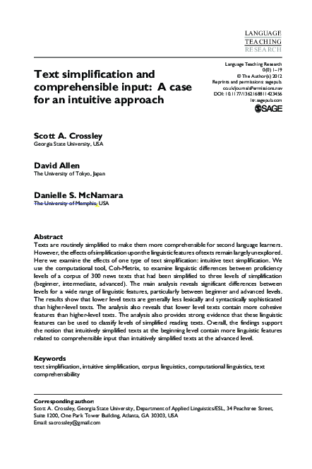 (PDF) Text simplification and comprehensible input: A case for an intuitive approach