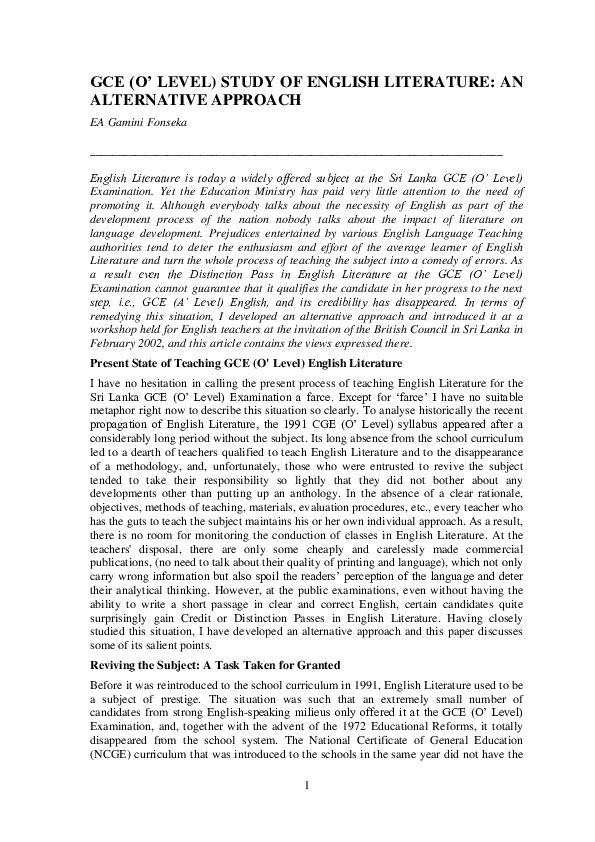 (PDF) GCE (O' Level) Study of English Literarute: An Alternative Approach
