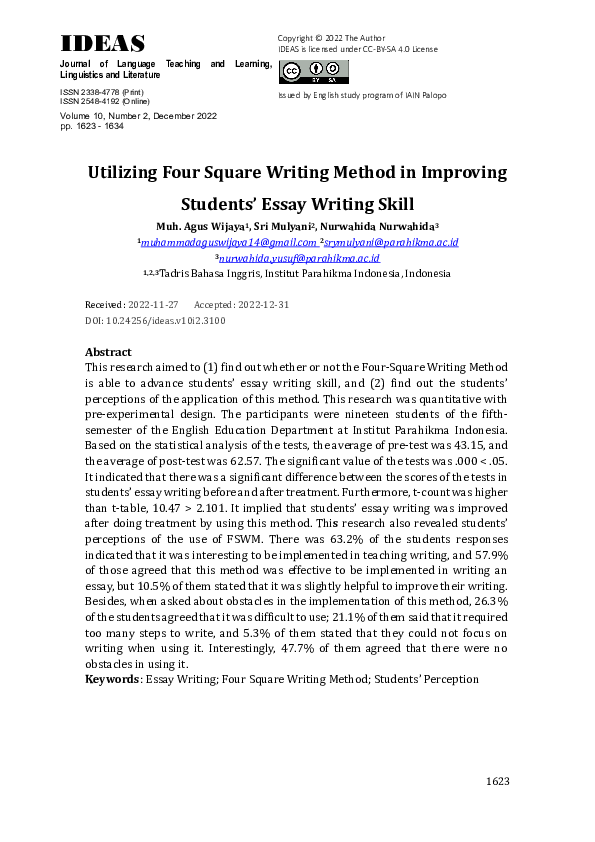 (PDF) Utilizing Four Square Writing Method in Improving Students’ Essay ...