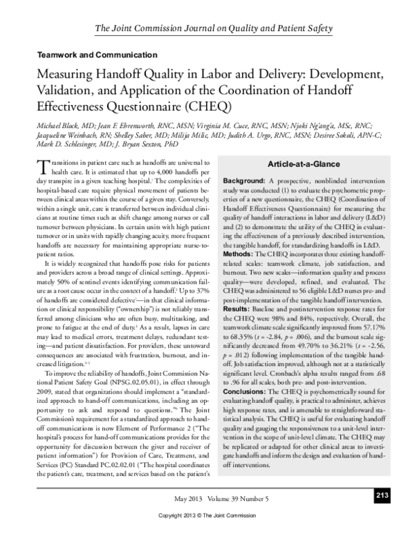 (PDF) Measuring Handoff Quality in Labor and Delivery: Development ...