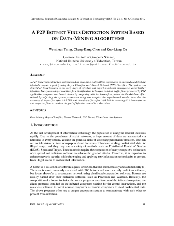 Pdf A P2p Botnet Virus Detection System Based On Data Mining Algorithms Kuo Liang Ou