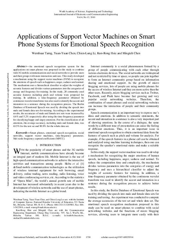 Pdf Applications Of Support Vector Machines On Smart Phone Systems For Emotional Speech