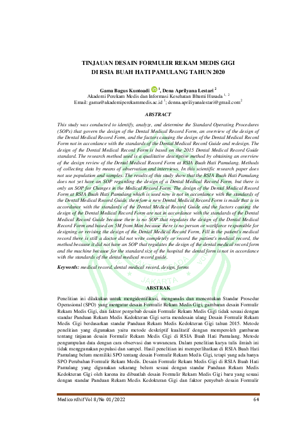 (PDF) Tinjauan Desain Formulir Rekam Medis Gigi Di RSIA Buah Hati ...