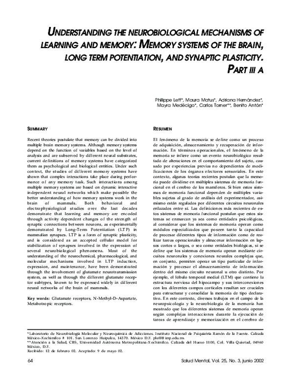 Pdf Comprensión De Los Mecanismos Del Aprendizaje Y La Memoria